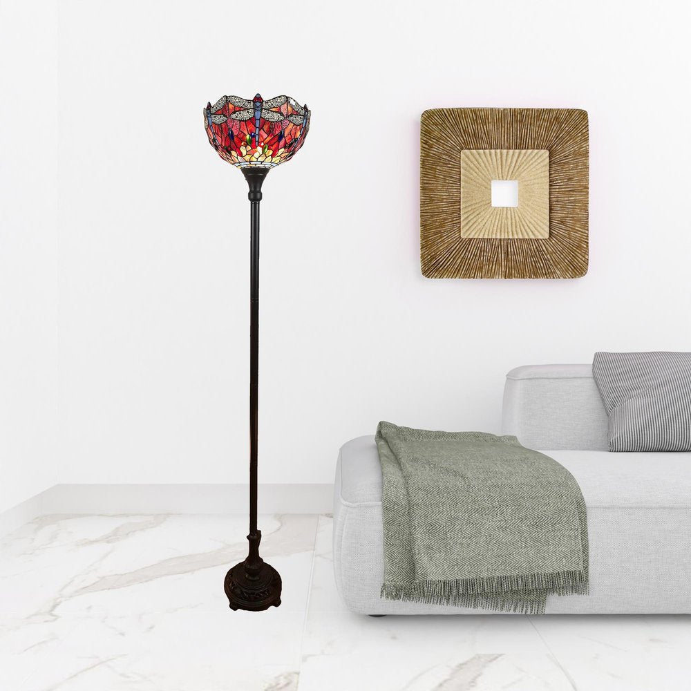 69" Black And Red Torchiere Floor Lamp With Red Dragonfly Glass Dome S ...