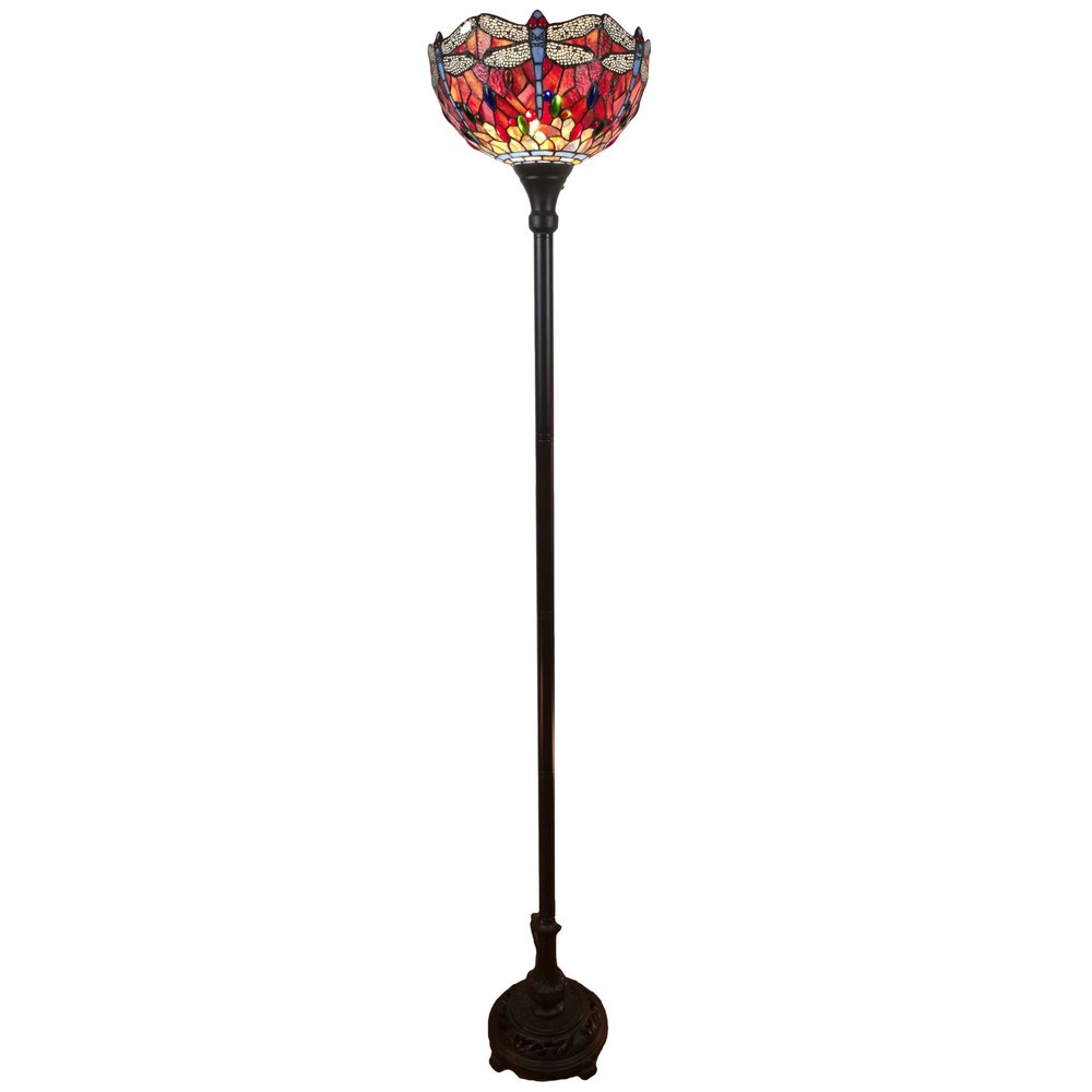 69" Black And Red Torchiere Floor Lamp With Red Dragonfly Glass Dome S ...
